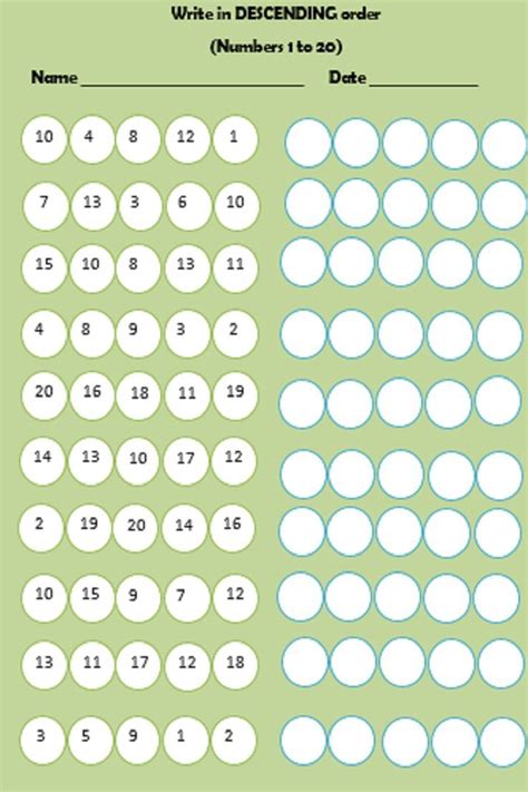 Descending Order 1 20 Worksheet