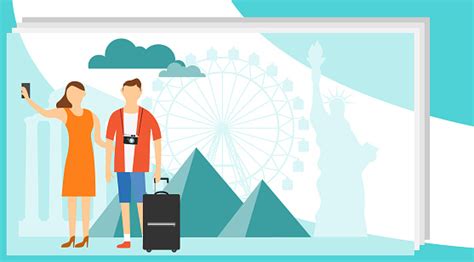남자와 여자 여행은 세계의 랜드마크를 배경으로 사진을 찍어 여행자 사람들 벡터 일러스트 레이 션 만화 캐릭터의 그룹입니다 가족에