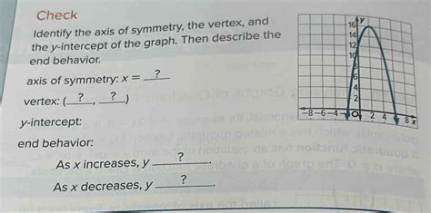Check Identify The Axis Of Symmetry The Vertex And The Y Intercept Of The Graph Then Math