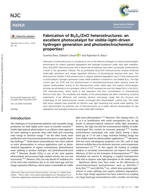 Pdf Fabrication Of Bi2s3zno Heterostructures An Excellent