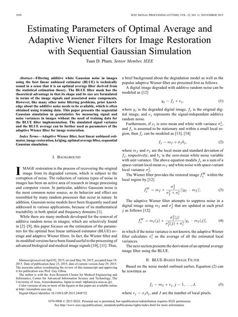 Pdf Estimating Parameters Of Optimal Average And Adaptive Wiener Filters For Image Restoration