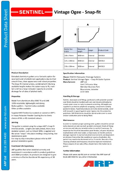 Sentinel Vintage Ogee Data Sheet Aluminium Roofline Products Ltd
