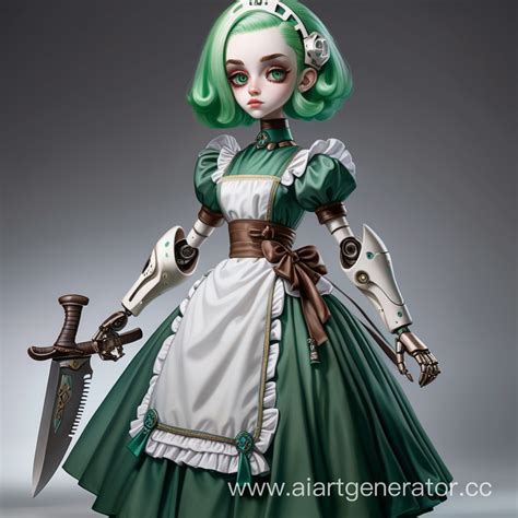 Realistic Anthropomorphic Doll Robot Maid With Green Hair And Knife Ai Art Generator