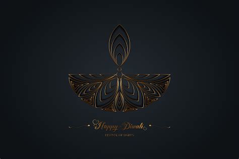해피 디왈리 빛의 축제 인도 축하 골드 로고 템플릿입니다 인도 꽃 Diya 오일 램프의 그래픽 배너 디자인 황금 럭셔리 현대 디자인 검은색 배경에 분리된 벡터 디야 램프에