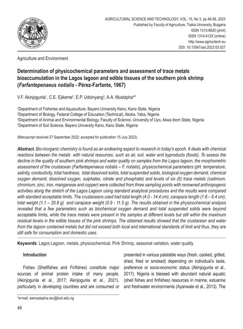 Pdf Determination Of Physicochemical Parameters And Assessment Of Trace Metals Bioaccumulation