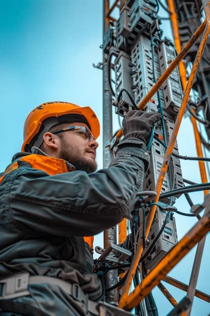 Premium Photo Telecom Engineer Adjusting Cellular Network Equipment