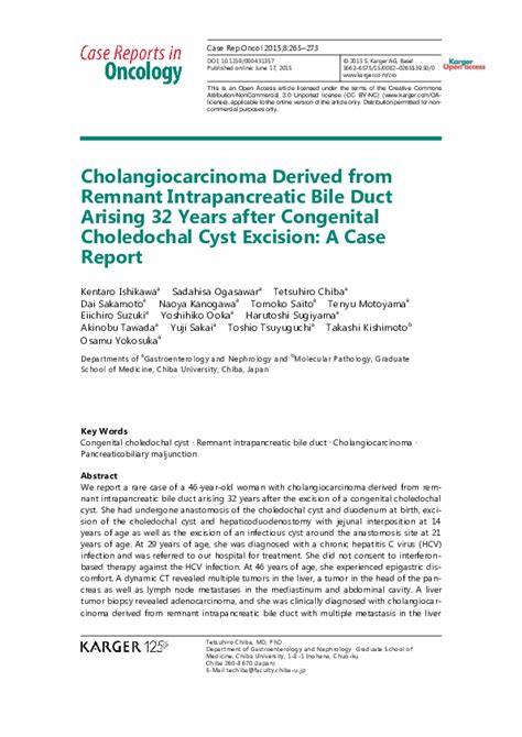 Pdf Cholangiocarcinoma Derived From Remnant Intrapancreatic Bile Duct Arising 32 Years After