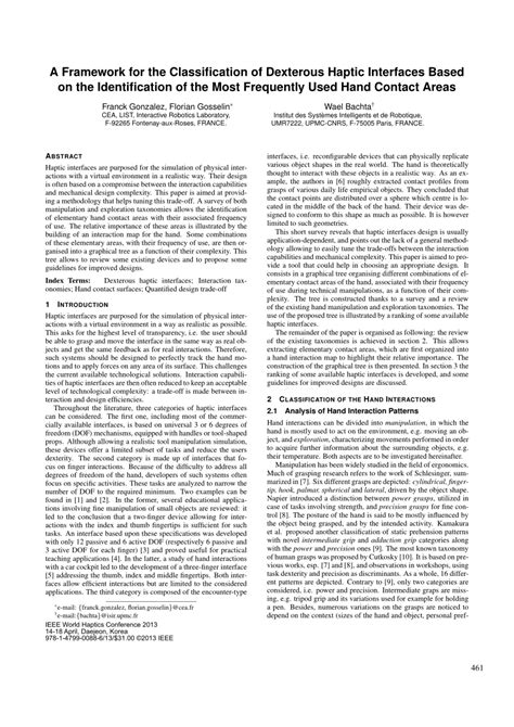 Pdf A Framework For The Classification Of Dexterous Haptic Interfaces Based On The