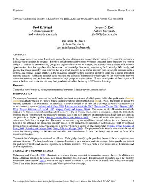 Doc Transactive Memory Theory A Review Of The Literature And Suggestions For Future Mis Research