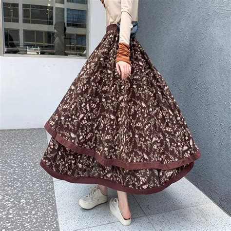 2022 가을 겨울 새로운 민족 스타일 레트로 꽃 치마 탄성 높은 허리 캐주얼 우아한 여성 라인 롱 스커트 무료 배송스커트 Aliexpress