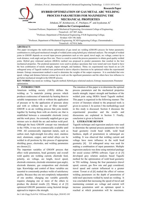 Pdf Hybrid Optimization Of Gas Metal Arc Welding Process Parameters