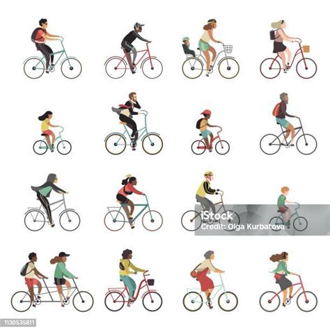 사이클 설정합니다 행복 한 사람들 가족 자전거를 타고 타고 탠덤 자전거 어린이 여자 남자 스포츠 기어 야외 활동 자전거 타기에 대한 스톡 벡터 아트 및 기타 이미지 Istock