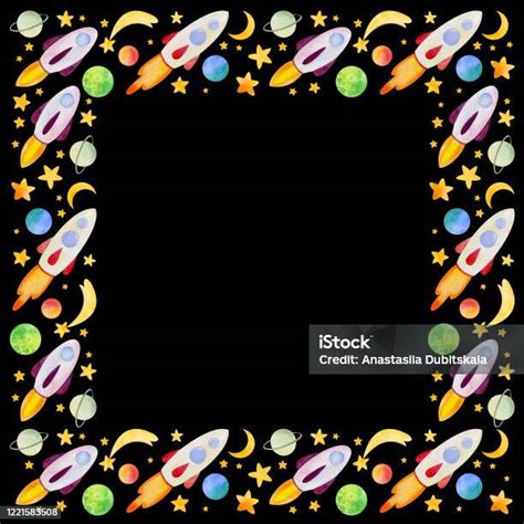 검은 배경에 고립 된 화려한 손으로 그린 우주선 별 행성의 사각형 프레임 0명에 대한 스톡 벡터 아트 및 기타 이미지 0명