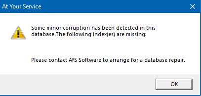 Database Corruption Message When Starting AYS At Your Service Repair