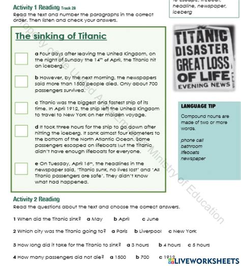 The Titanic Online Activity Live Worksheets