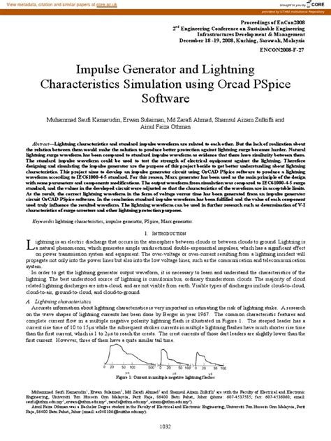 Impulse Generator And Lightning Characteristics Simulation Using Pspice