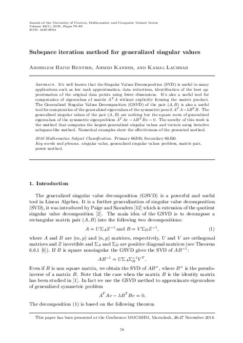 Pdf Subspace Iteration Method For Generalized Singular Values
