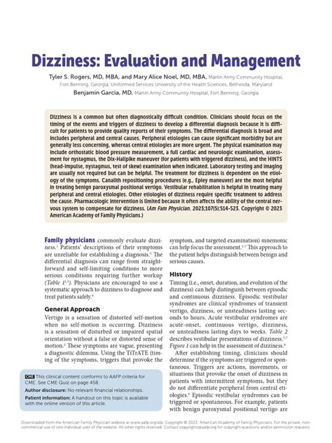 Aafp Dizziness Evaluation And Management Pdf Vertigo Ménière S Disease