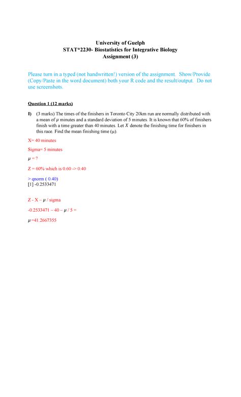 assignment 3 stats university of guelph stat 2230 biostatistics for