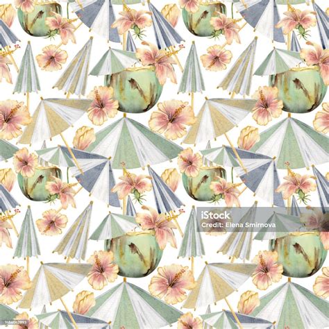 종이 파라솔과 히비스커스를 곁들인 손으로 그린 수채화 해변 코코넛 칵테일 원활한 패턴입니다 흰색 배경에 격리 벽 예술 결혼식 인쇄 직물 표지 카드 관광 여행 책자 0명에