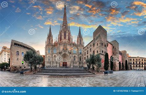 Cathedral Of The Holy Cross And Saint Eulalia At Sunset In Barcelona
