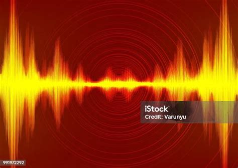 오렌지 배경 오디오 디지털 다이어그램 개념 교육 및 과학 벡터 일러스트 레이 션에 대 한 디자인에 원형 진동 지진 파도의 힘 곡선에 대한 스톡 벡터 아트 및 기타 이미지