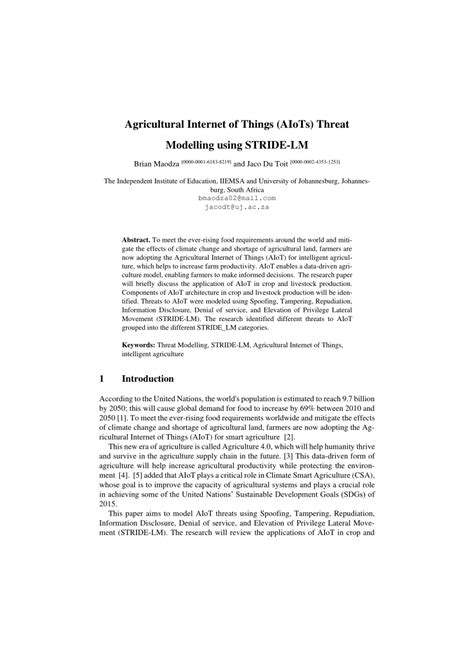 PDF Agricultural Internet Of Things AIoTs Threat Modelling Using STRIDE LM