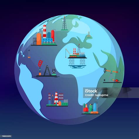 석유 광산 생산 개념 벡터 그림입니다 석유와 가스와 행성 지구 지구 산업 시설을 얻을 육상 건설 및 해양 해양 플랫폼에서 0명에 대한 스톡 벡터 아트 및 기타 이미지