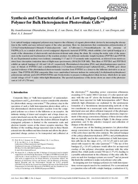 Pdf Synthesis And Characterization Of A Low Bandgap Conjugated Polymer For Bulk Heterojunction