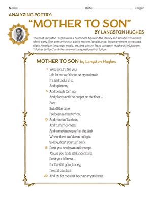 Analyzing Poetry Mother To Son By Langston Hughes Worksheet