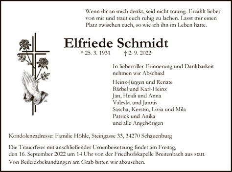 Traueranzeigen Von Elfriede Schmidt Trauer Hna De