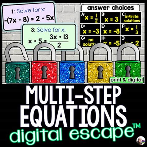 Multi Step Equations Digital Math Escape Room Variables On Both Sides Activity