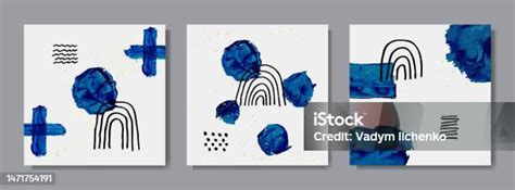 벡터 그림입니다 추상적인 현대 미적 배경 소셜 미디어 템플릿 웹 배너 블로그 게시물에 대한 디자인 요소 펜 잉크 그리기 검은색 펜 그림이 있는 파란색 수채화 물감 개념에