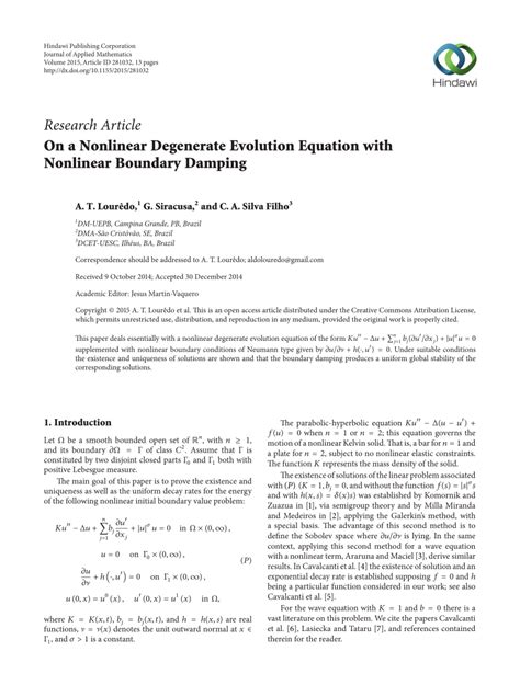 Pdf On A Nonlinear Degenerate Evolution Equation With Nonlinear Boundary Damping