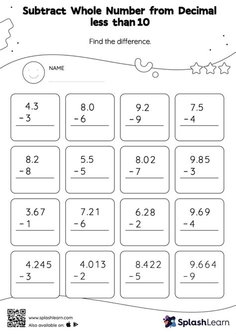 Subtract Whole Number From Decimal Less Than 10 Vertical Subtraction Worksheet
