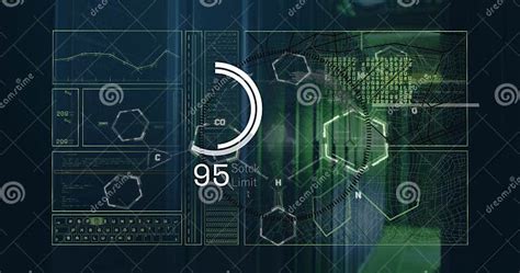 Image Of Interface With Data Processing Over Spinning Globe Against Computer Server Room Stock