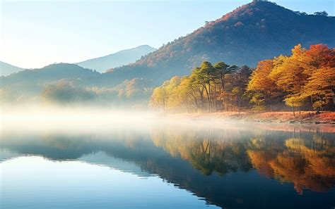 아름다운 안개 낀 호수와 산 가을 국내여행 나무 배경 일러스트 및 사진 무료 다운로드 Pngtree