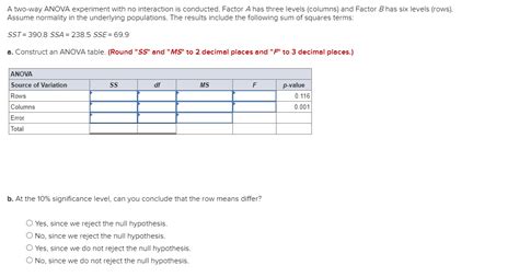 Solved A Two Way Anova Experiment With No Interaction Is