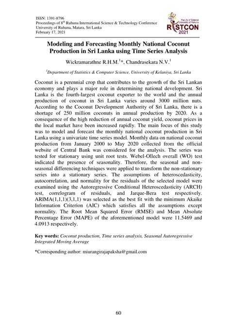 Pdf Modeling And Forecasting Monthly National Coconut Production In Sri Lanka Using Time