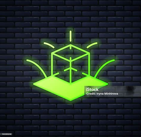 벽돌 벽 배경에 격리 된 빛나는 네온 3d 모델링 아이콘 증강 현실 또는 가상 현실 벡터 3차원 형태에 대한 스톡 벡터 아트 및 기타 이미지 Istock
