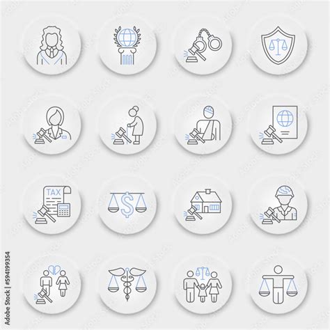 Law Fields Line Icon Set Fields Of Law Collection Vector Graphics Neumorphic Ui Ux Buttons