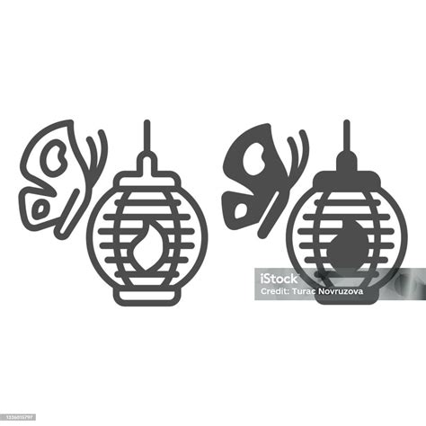 나비와 일본 종이 등불 라인과 단단한 아이콘 아시아 문화 개념 흰색 배경에 중국 램프 벡터 기호 모바일 개념 및 웹 디자인을위한 개요 스타일 아이콘 벡터 그래픽 0명에 대한