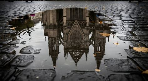 Reflection Of St Vitus Cathedral In A Puddle On Cobblestone Street