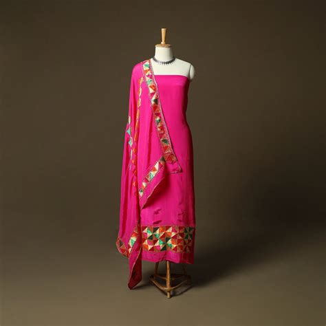 Phulkari Hand Embroidered Crepe Silk 3pc Unstitched Dress Material Suit Set