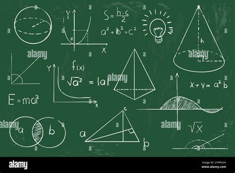 Math Geometry Graph And Shapes On Blackboard Background Set Science