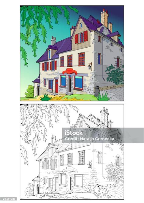 오래된 매력적인 프랑스 마을의 거리와 집이 있는 풍경의 판타지 일러스트레이션입니다 색칠하기 책을 위한 다채롭고 흑백 페이지입니다 그리기 및 채색을 위한 인쇄 가능한 벡터