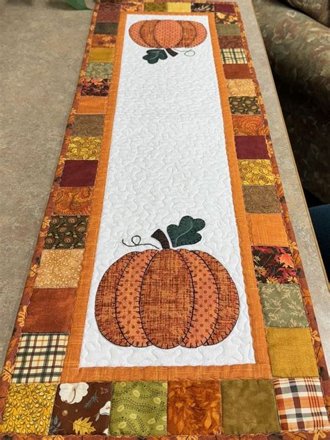 Fall Pumpkin Hand Applique Quilted Table Runner Etsy Quilted Table
