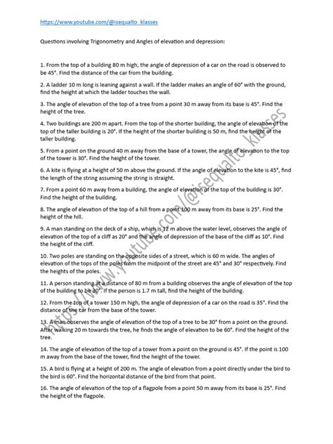 Questions Involving Trigonometry And Angles Of Elevation And Depression