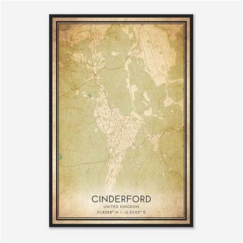 Vintage Cinderford United Kingdom Map Poster Cinderford City Road Wall