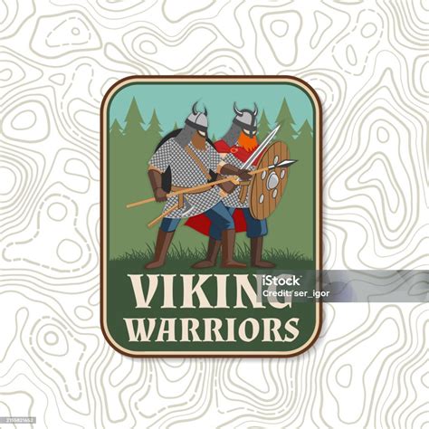 바이킹 전사 배지 스티커 벡터 일러스트 레이 션입니다 엠블럼 라벨 및 패치용 패치 디자인 전령 방패 전투 검 창 및 둥근 방패가